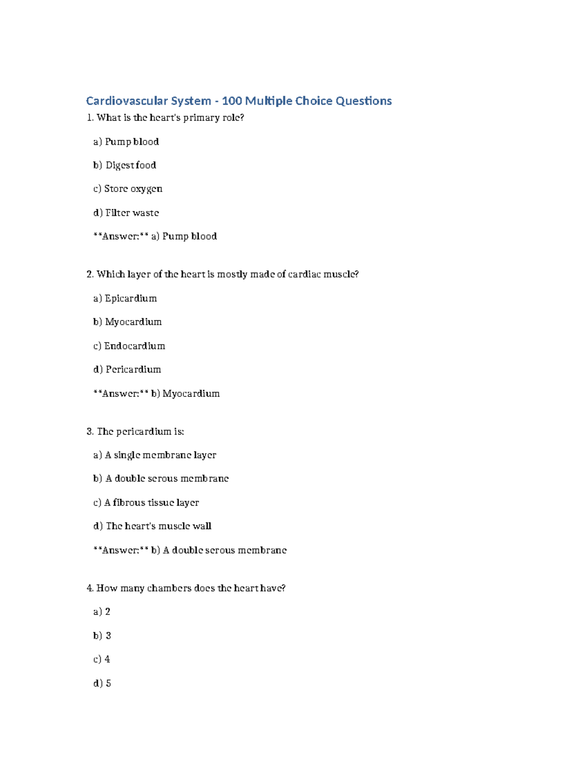 Cardiovascular System 100 Questions - Cardiovascular System - 100 ...