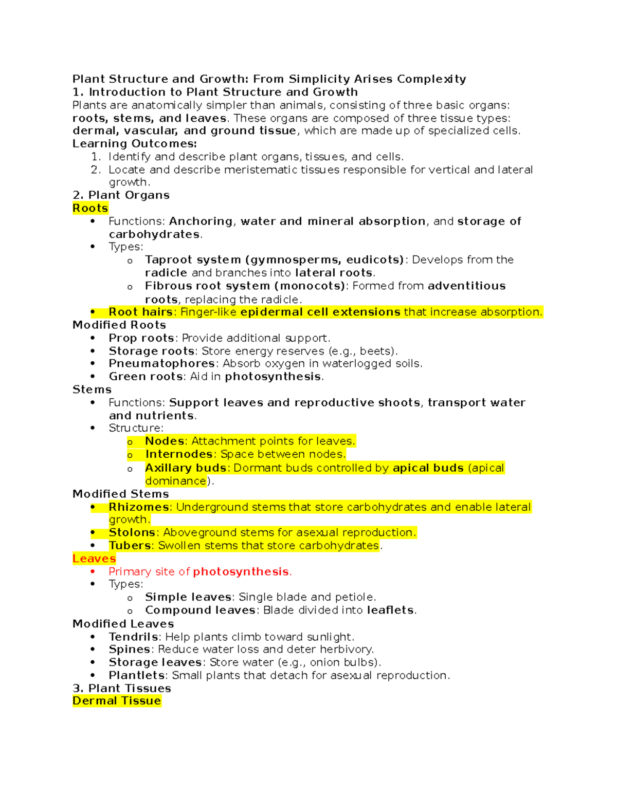 Summary 8Plant Structure and Growth - Plant Structure and Growth: From ...