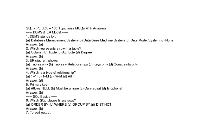SQL 100 MCQs with Answers: Topicwise Review for DBMS - Studocu