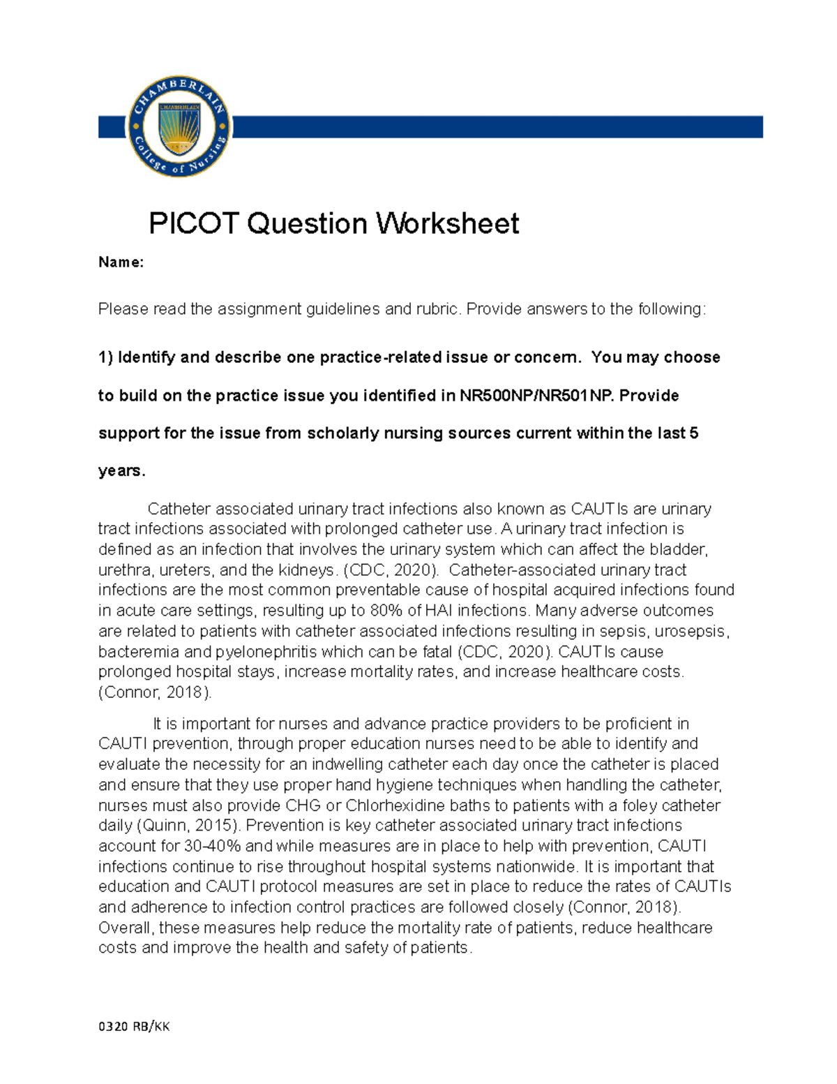 NR505NP PICOT Question on CAUTI Prevention in Acute Care Settings - Studocu