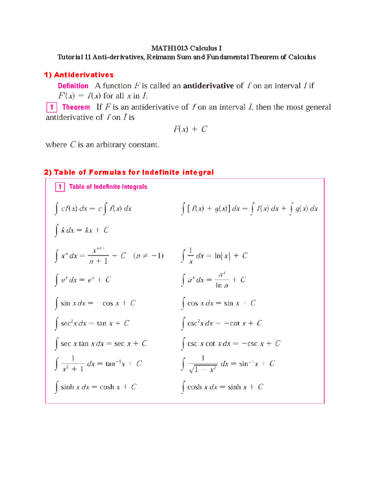 Tutorial 11 - Tiezheng QIAN - MATH1013 Calculus I Tutorial 11 Reimann ...