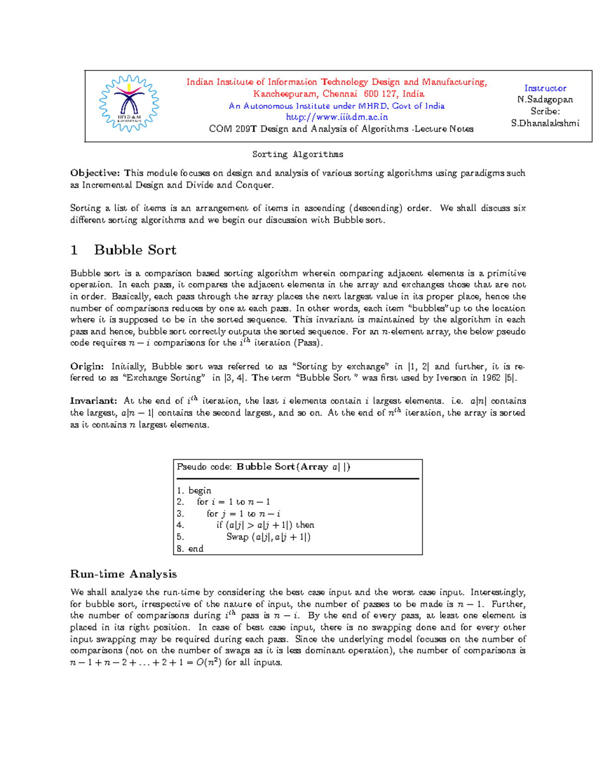 Sorting Algorithms - Lecture notes 2.1 - Indian Institute of ...