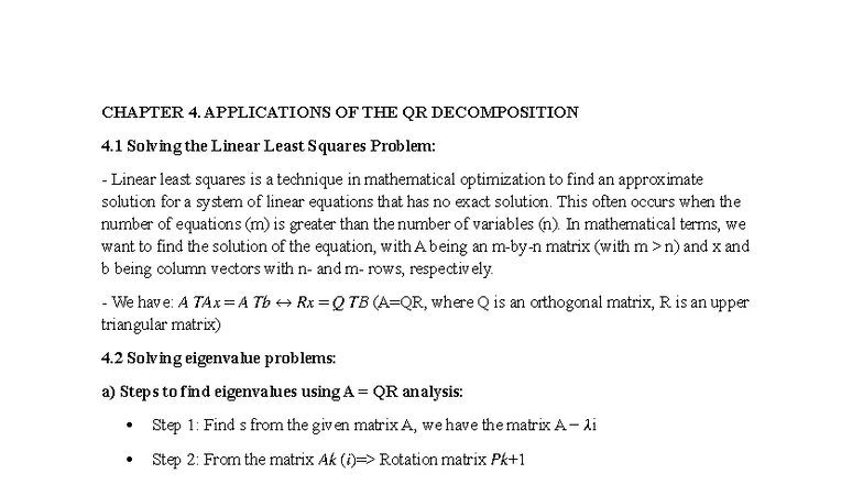 Chapter 4: Applications of QR Decomposition in Linear Algebra - Studocu