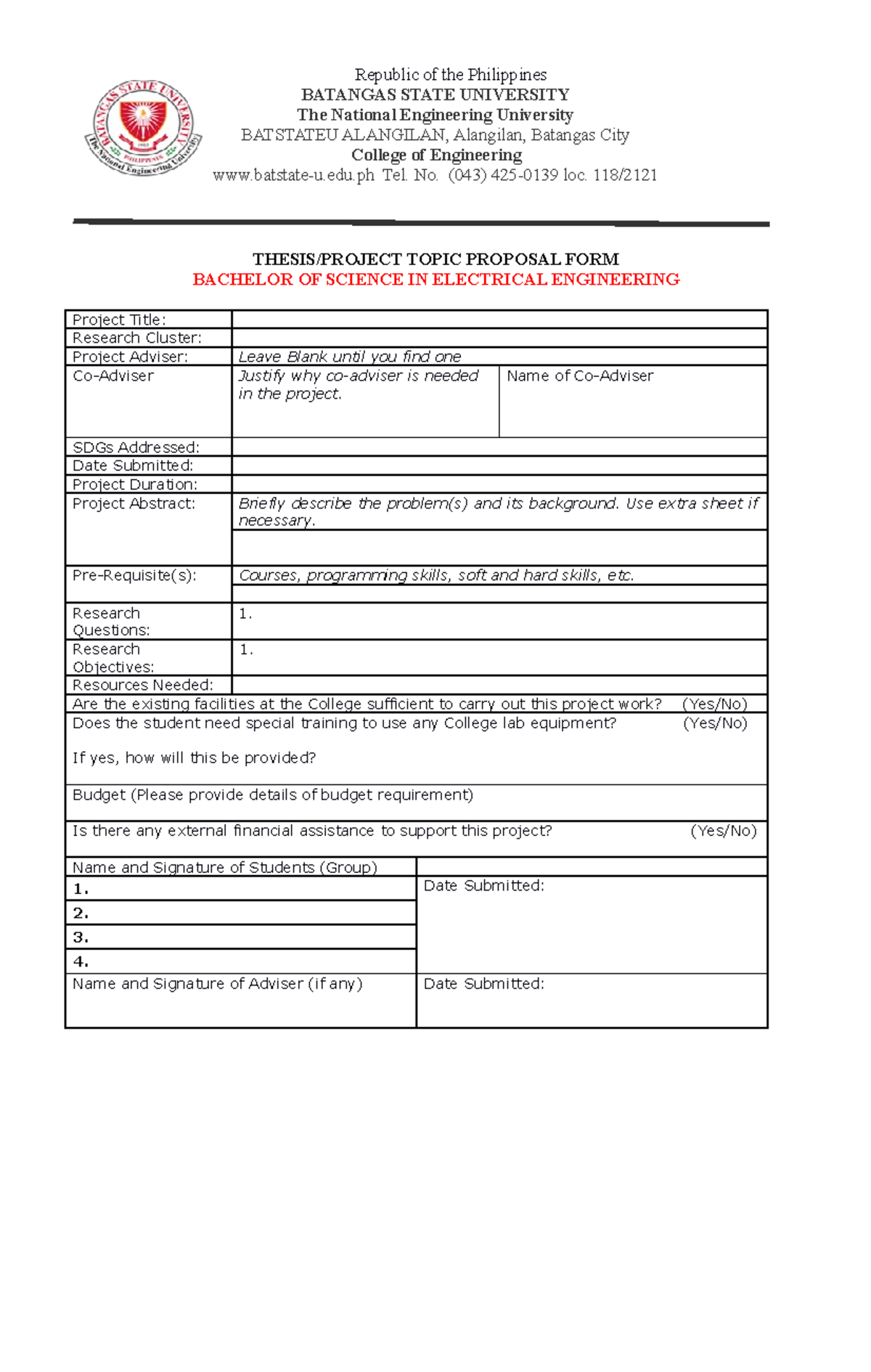 Thesis/Project Proposal Template for BS in Electrical Engg (EE101 ...