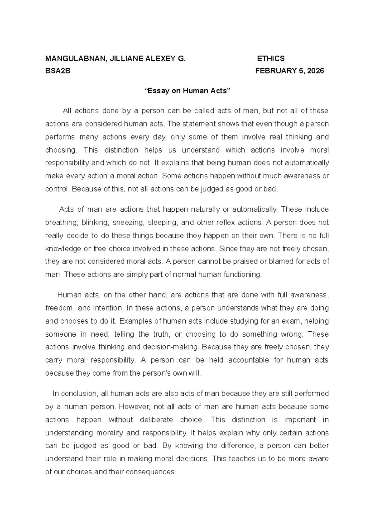Ethics Essay: Understanding Human Acts vs. Acts of Man (BSA2B) - Studocu