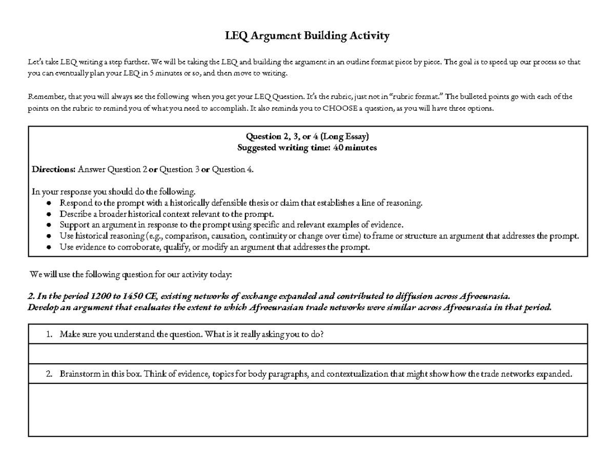 LEQ Unit 2: Argument Building Outline for Long Essay Questions - Studocu