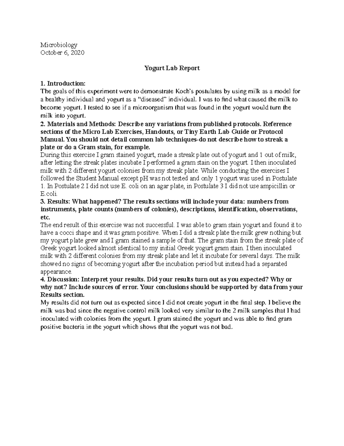 Yogurt Lab report microbiology - Microbiology October 6, 2020 Yogurt ...