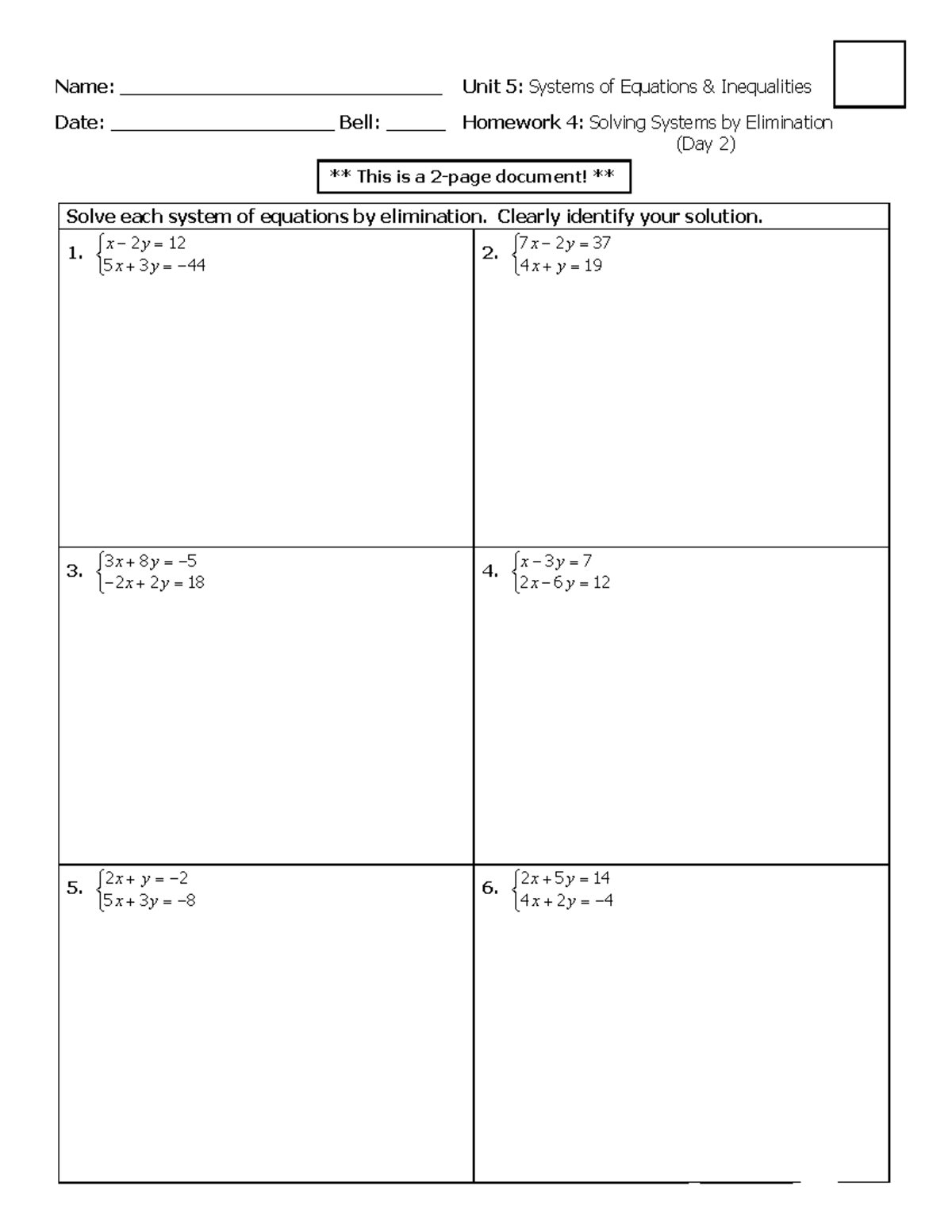 Algebra 5-5: Unit 5 Homework 4 - Systems of Equations (Day 2) - Studocu