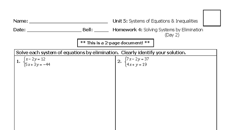 Algebra 5-5: Unit 5 Homework 4 - Systems of Equations (Day 2) - Studocu