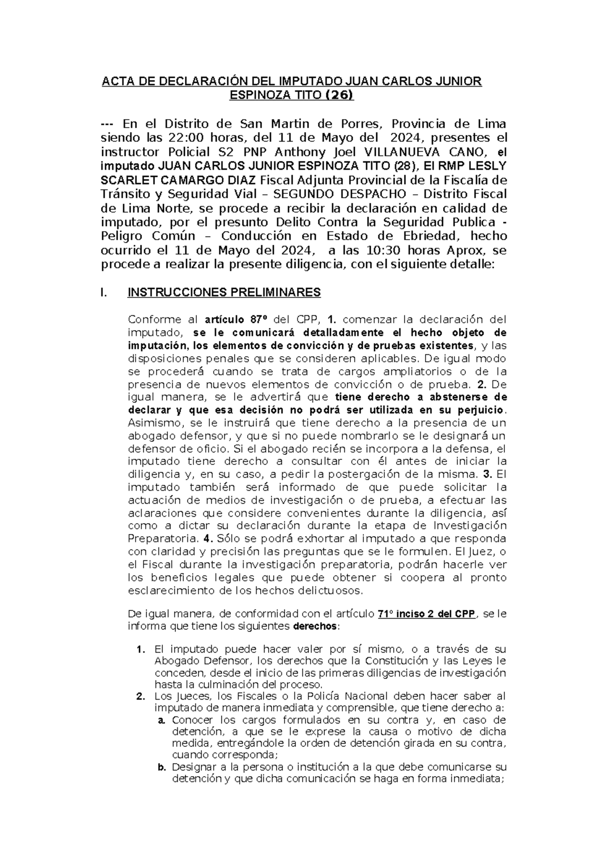 ACTA DE DECLARACIÓN DEL IMPUTADO JUAN CARLOS JUNIOR ESPINOZA TITO ...