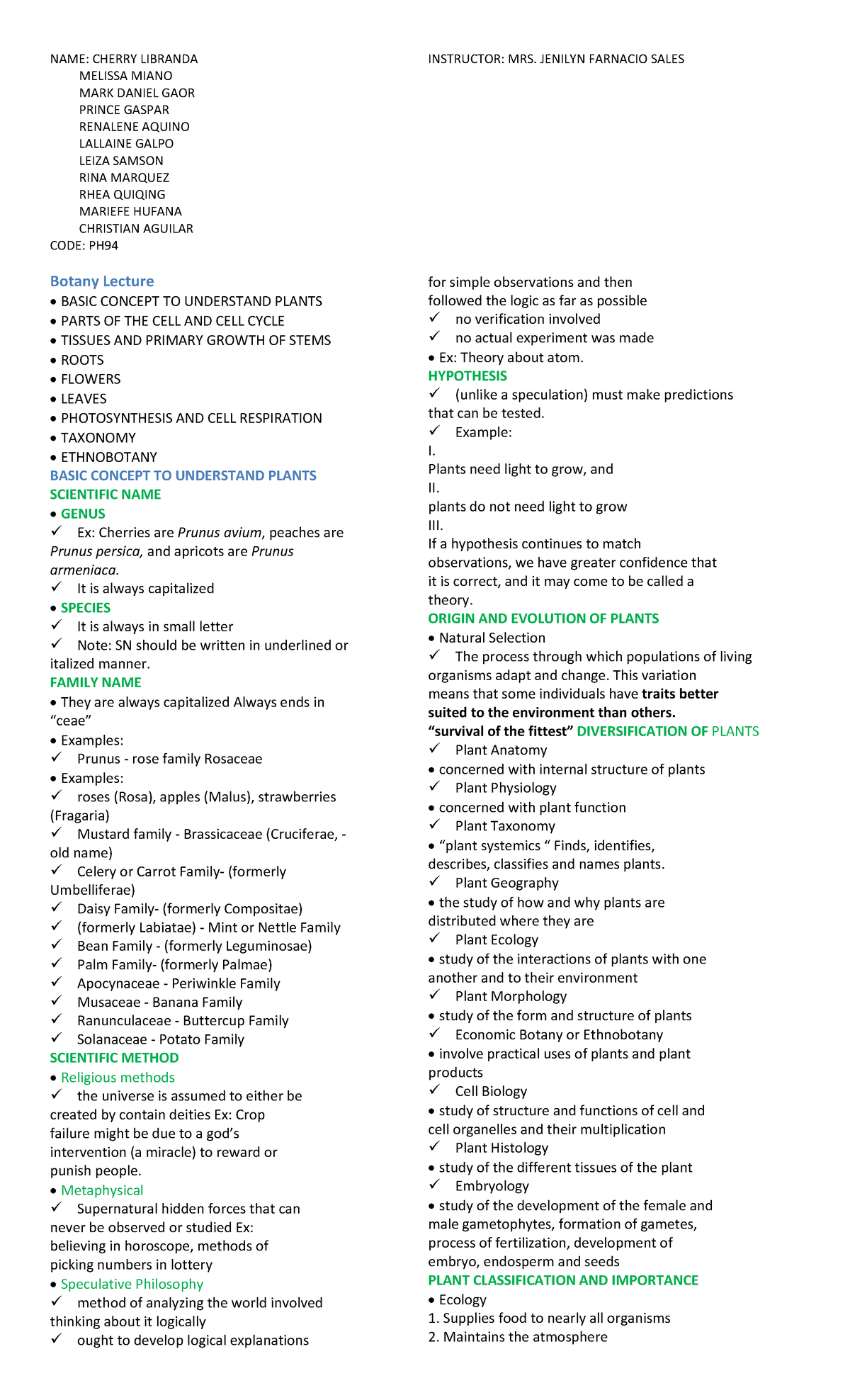PH94 Botany Lecture: Understanding Plant Structure and Function - Studocu
