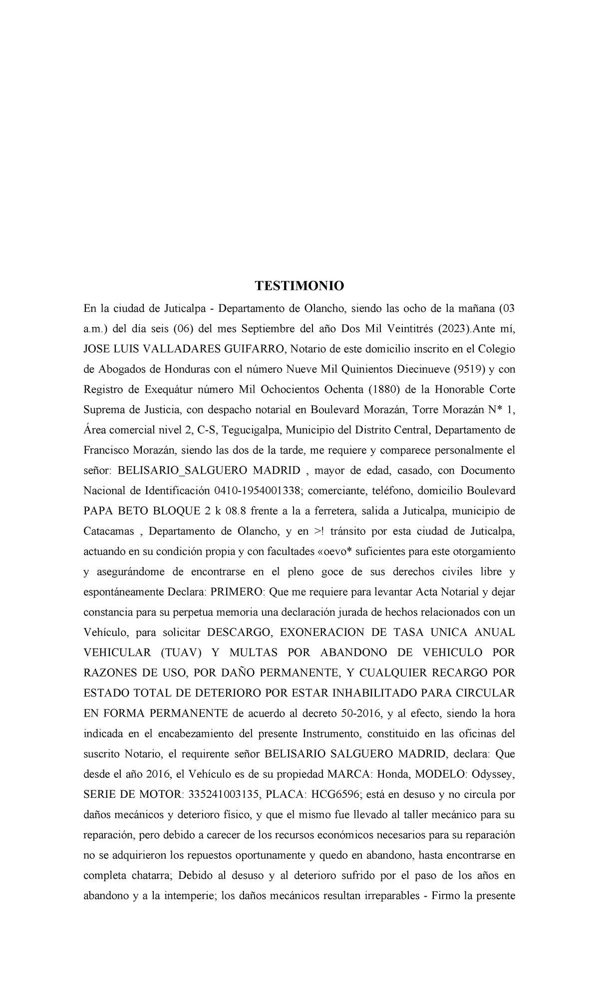 ACTA Descargo Vehiculo - TESTIMONIO En la ciudad de Juticalpa ...