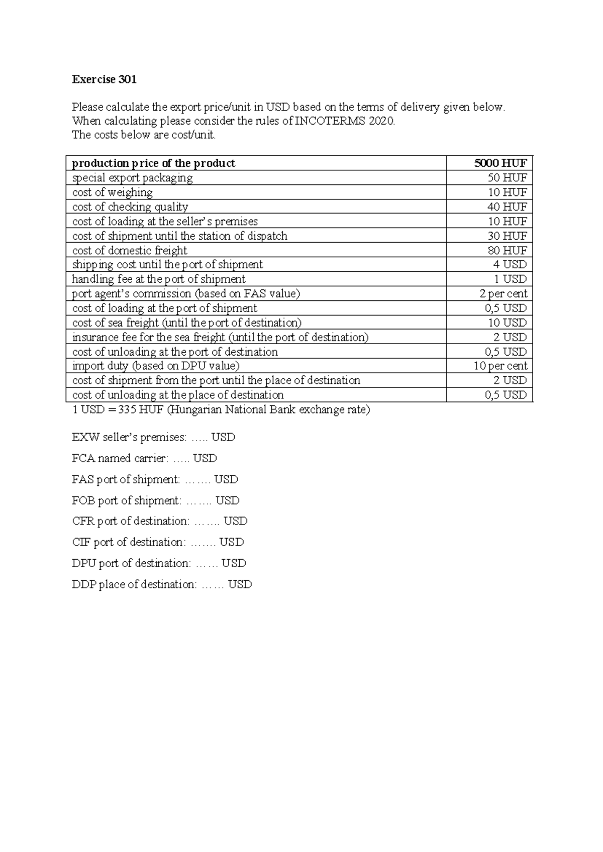 Exercise 301 & 302: Export Price Calculations Based on INCOTERMS 2020 ...