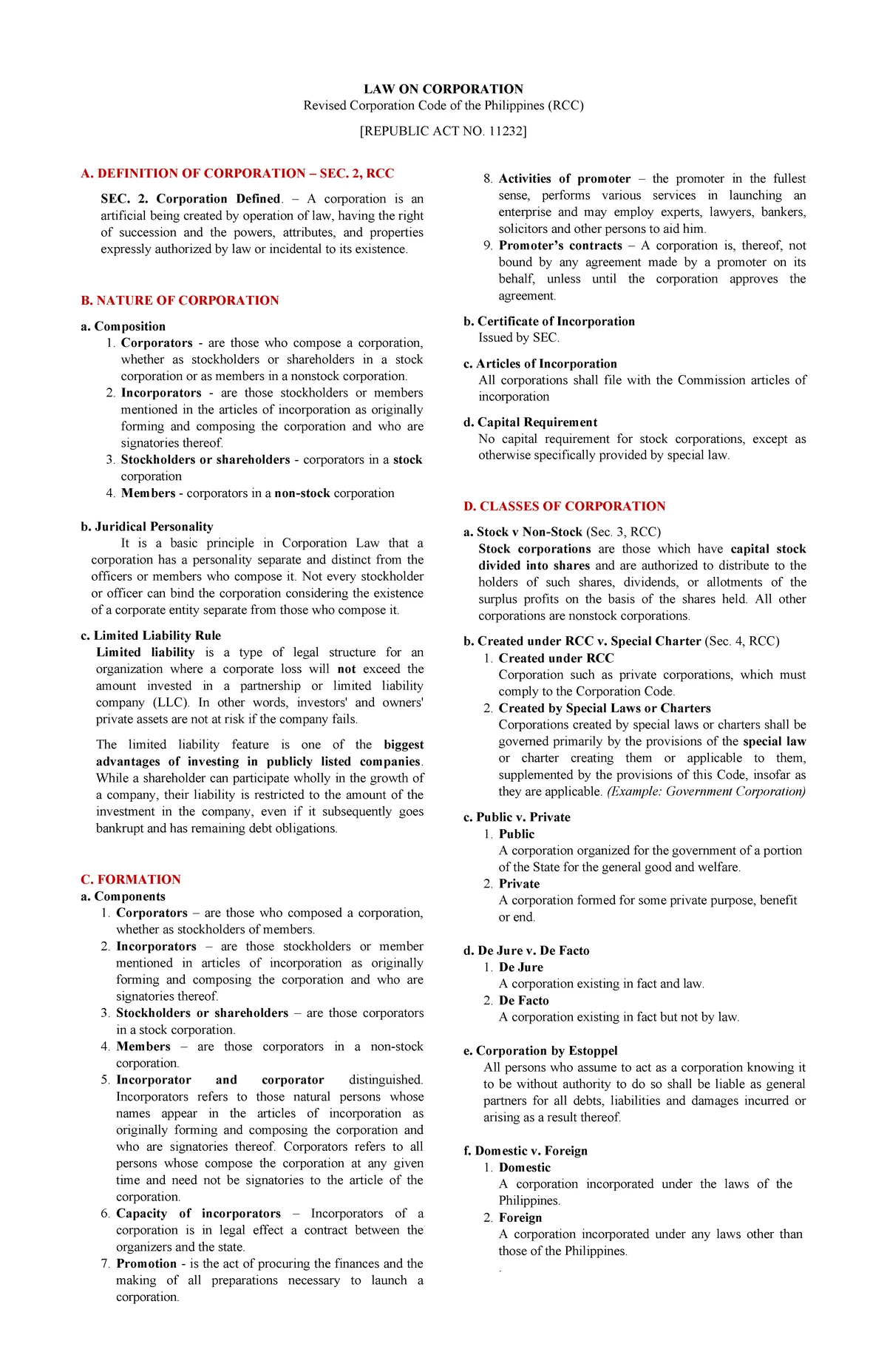 Revised Corporation Code (RCC) - Comprehensive Study Notes - Studocu