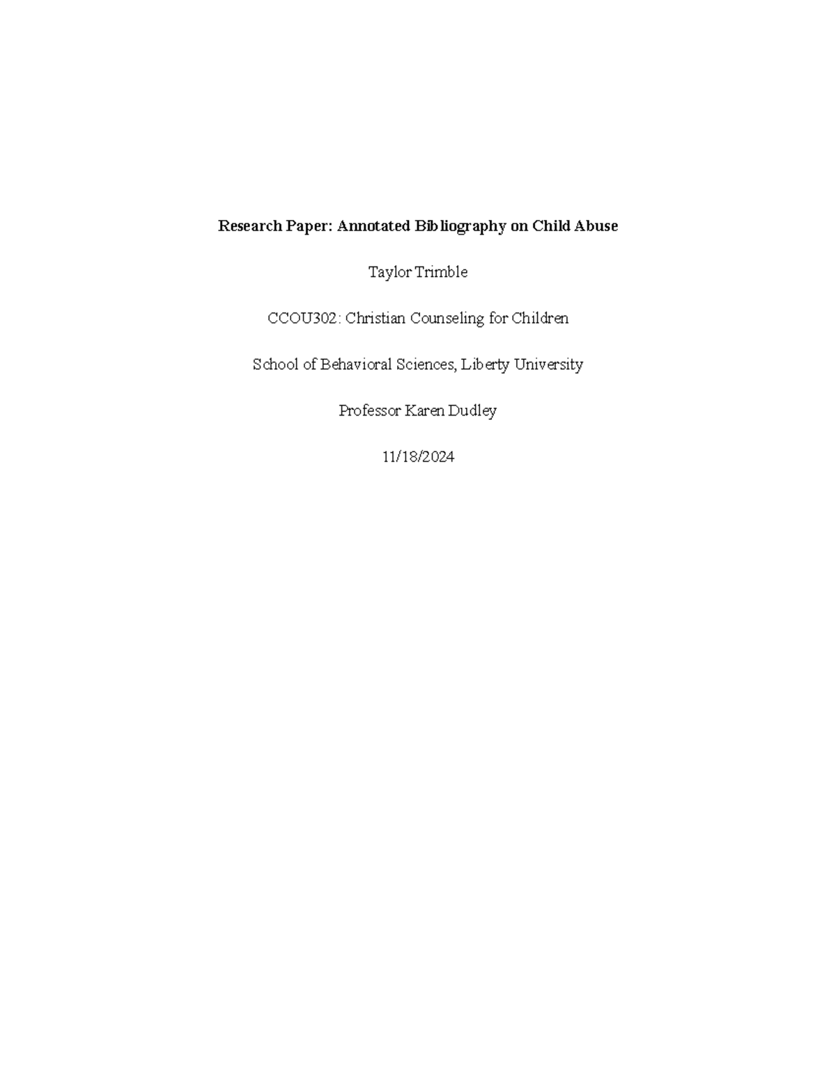 CCOU302: Annotated Bibliography on Child Abuse Research - Studocu