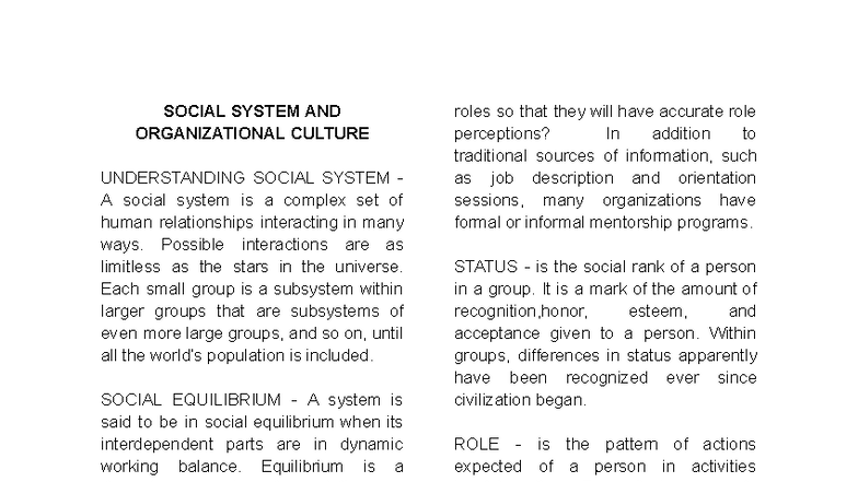 HUMAN BEHAVIOR NOTES: SOCIAL SYSTEM & ORGANIZATIONAL CULTURE - Studocu