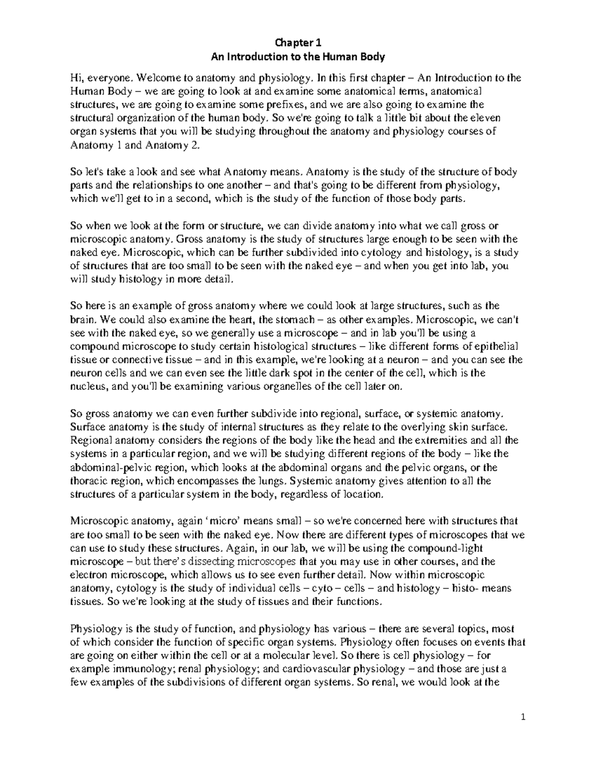 Anatomy 1: Chapter 1 - Introduction to the Human Body Overview - Studocu