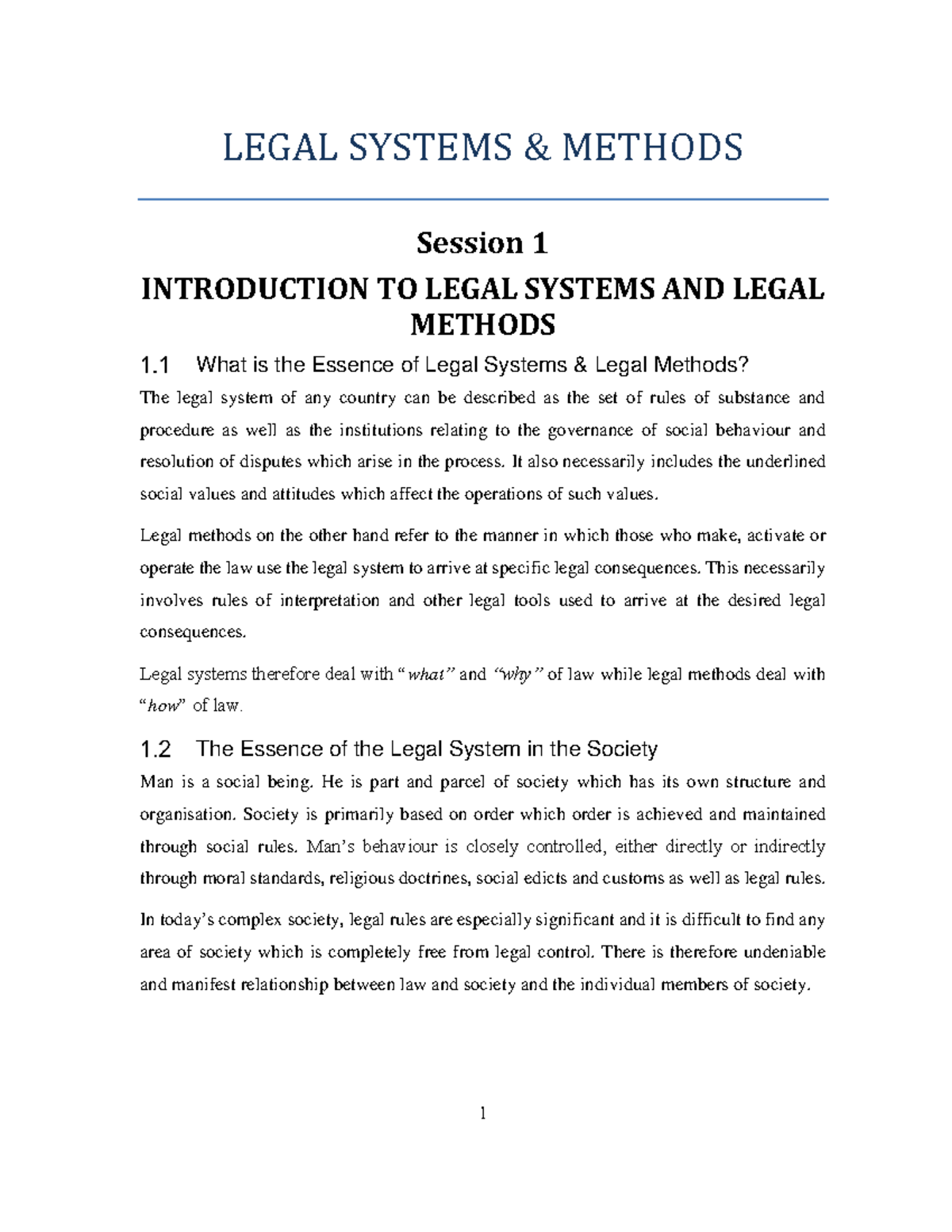 Legal Systems and Methods (LAW 101) Session 1: Intro to Legal Systems ...