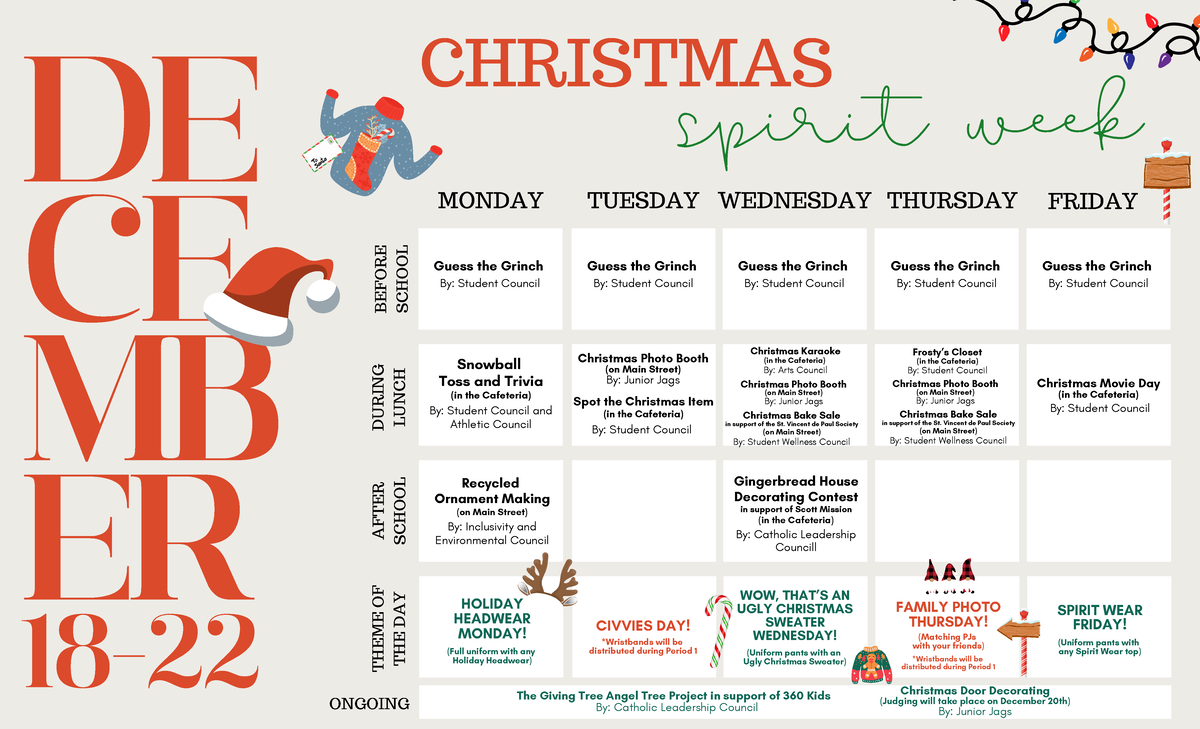 Christmas Spirit Week Calendar (5) - DE CE MB ER 18- spirit week MONDAY ...