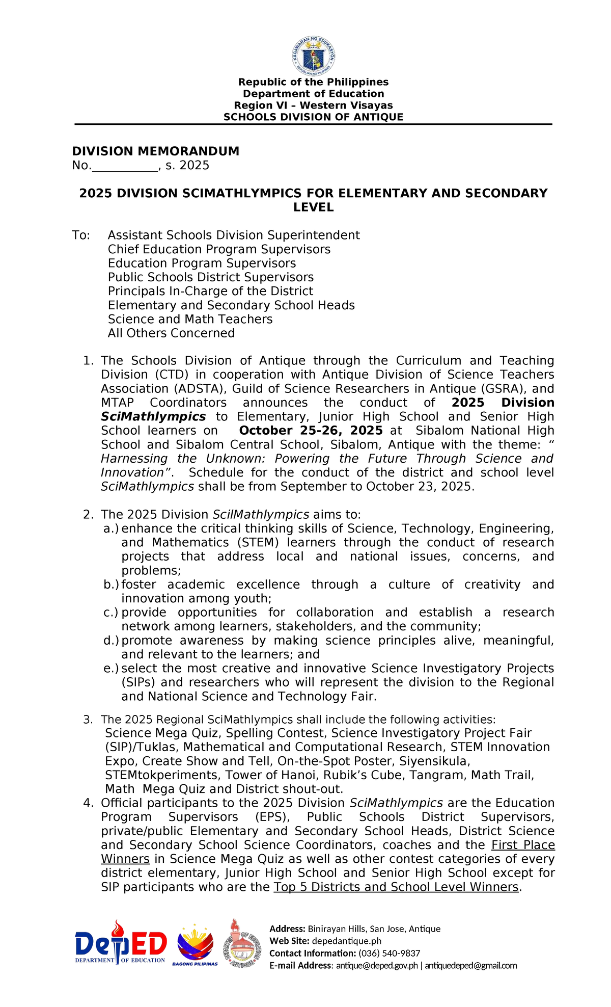 2025 Division SciMathlympics Memo: Guidelines and Activities - Studocu