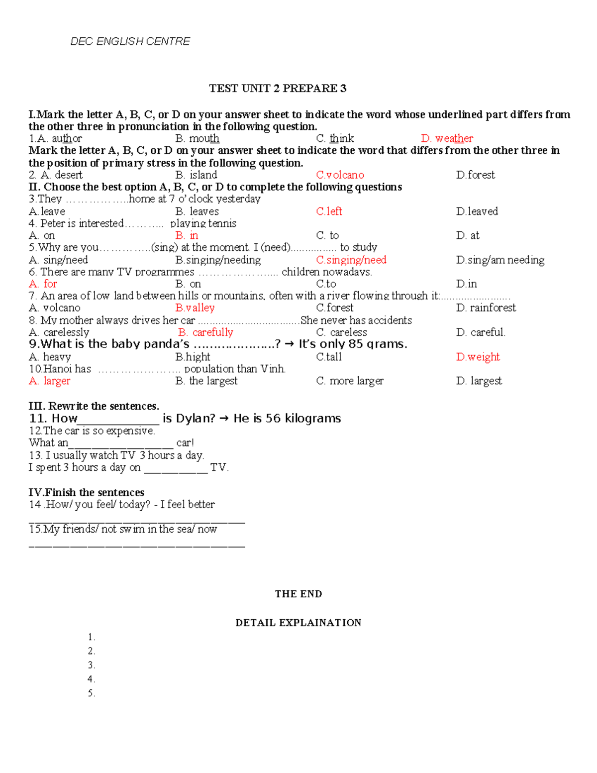 02 ENGLISH CENTRE TEST UNIT 2 PREPARE 3 - Practice Questions - Studocu