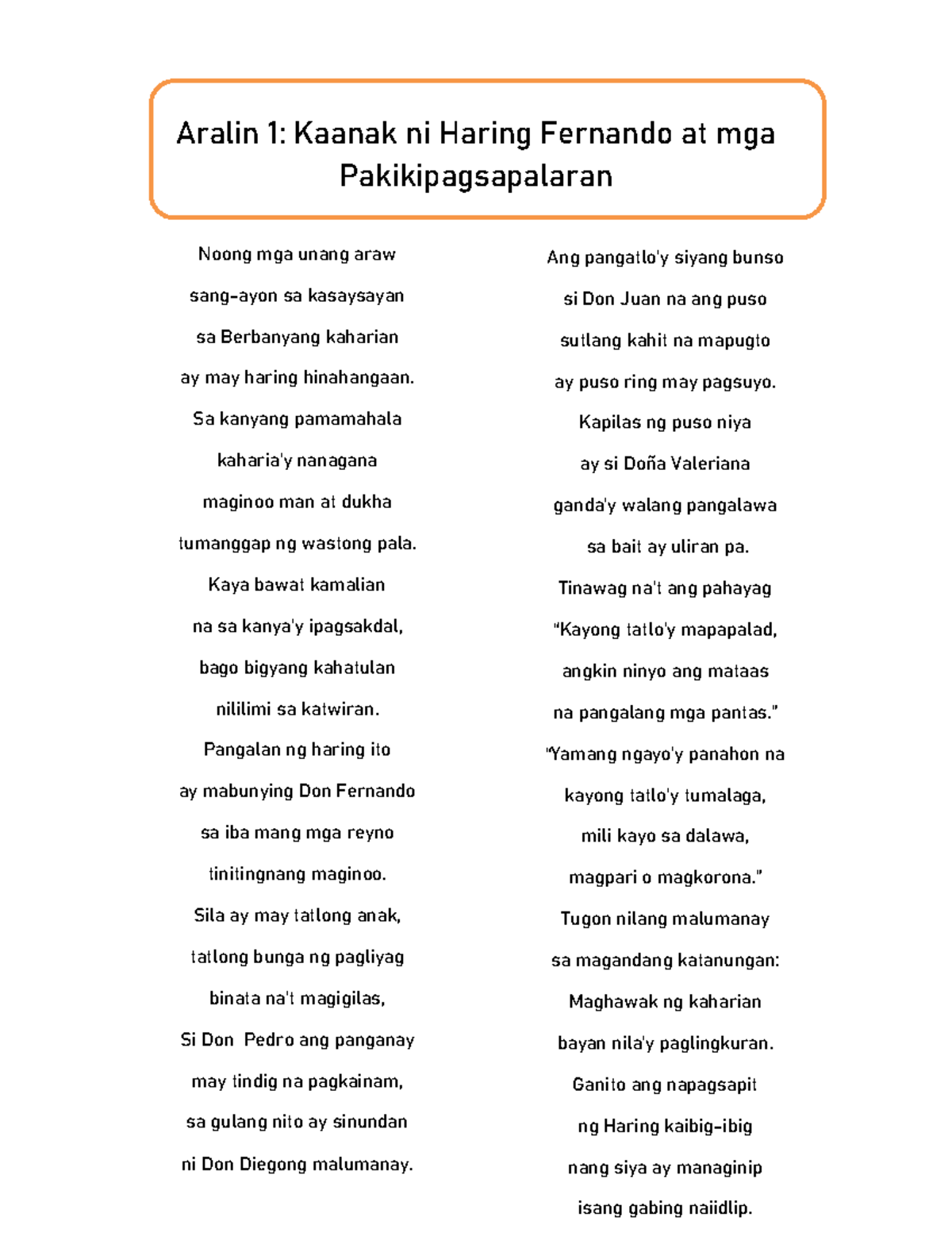 Aralin 1 - Kaanak ni Haring Fernando at Ibong Adarna Handouts - Studocu
