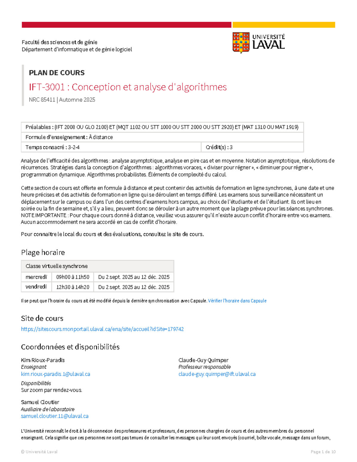 IFT-3001 A25 85411 - Plan de cours : Conception et Analyse des Algorithmes - Studocu
