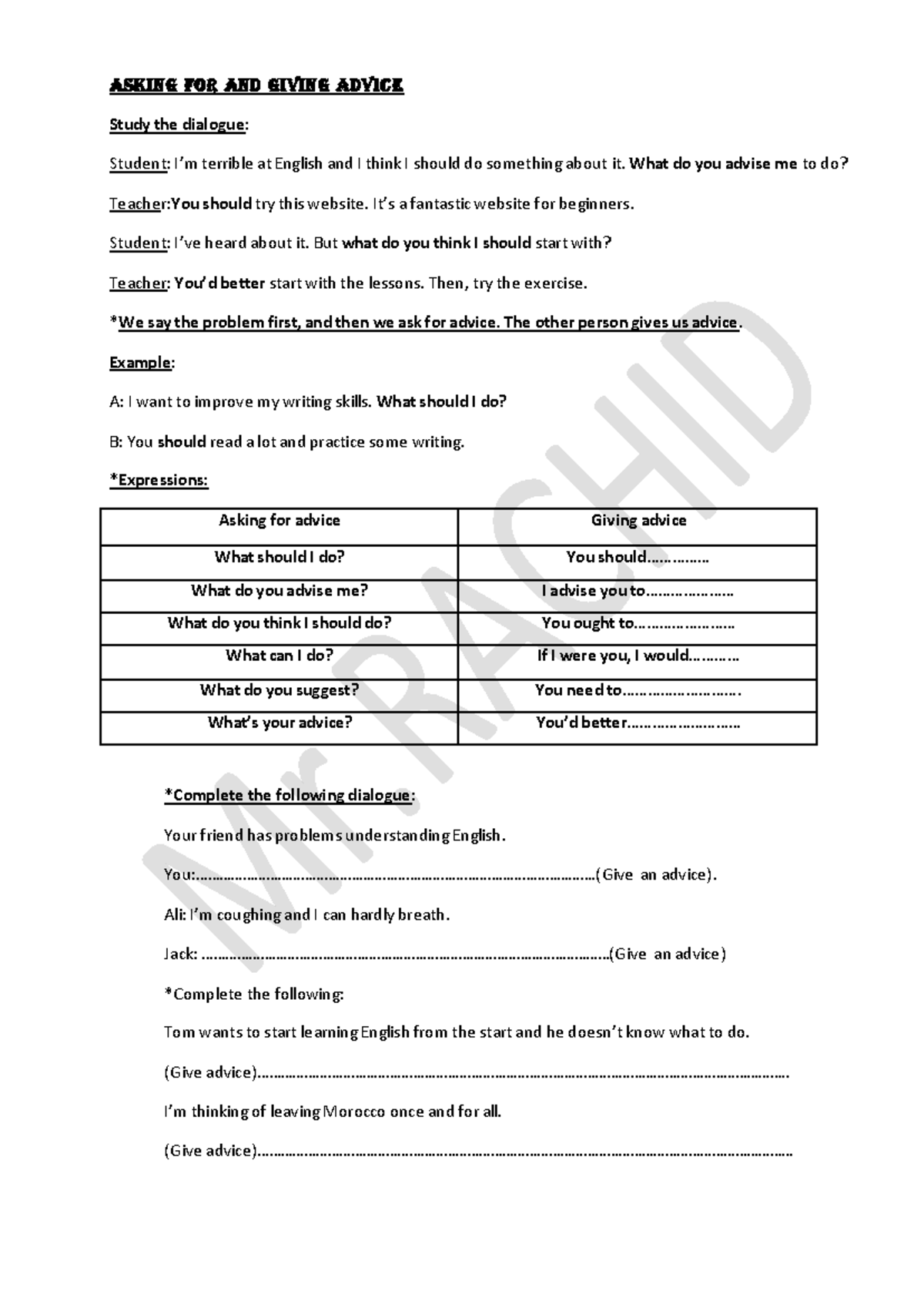 Asking for and Giving Advice: English Dialogue Study 03 - Studocu