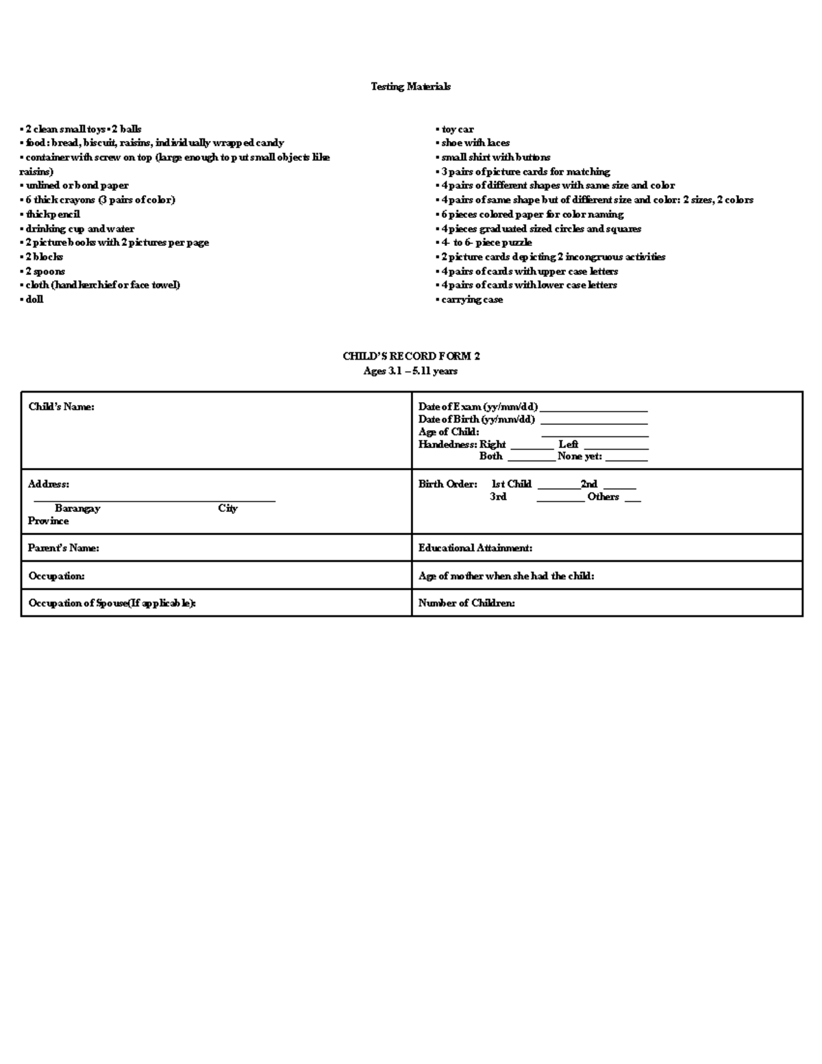 ECCD Checklist for Ages 3-5: Assessment Materials & Procedures - Studocu
