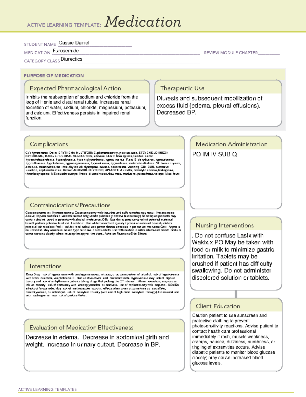 Furosemide - Medication Template - ACTIVE LEARNING TEMPLATES Medication ...
