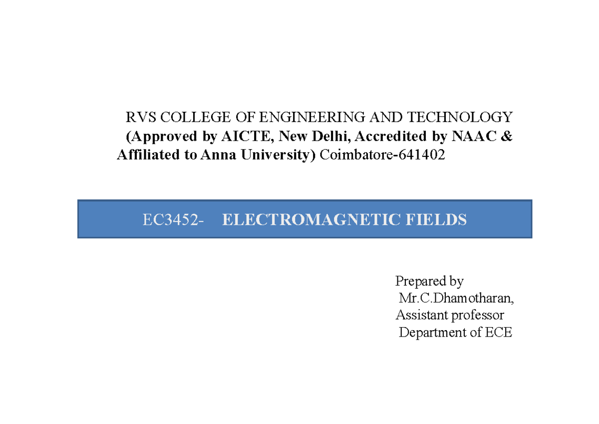 Electromagnetic Fields (ECE 101) - Five Unit PPT Overview - Studocu