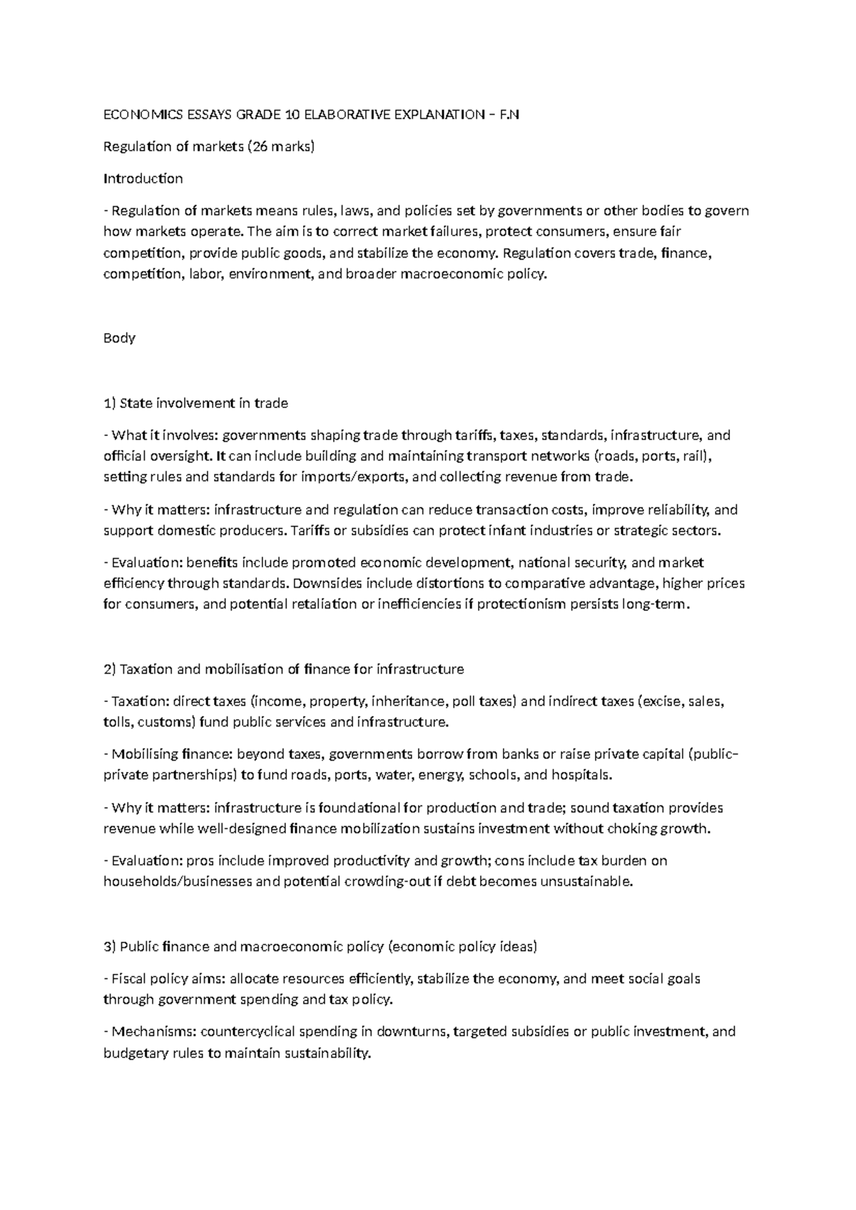 ECONOMICS GRADE 10 ESSAYS: MARKET REGULATION & INDUSTRIAL DEVELOPMENT ...