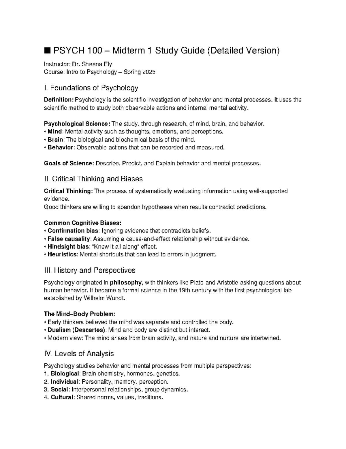 PSYCH 100 Midterm 1 Study Guide: Foundations & Key Concepts - Studocu
