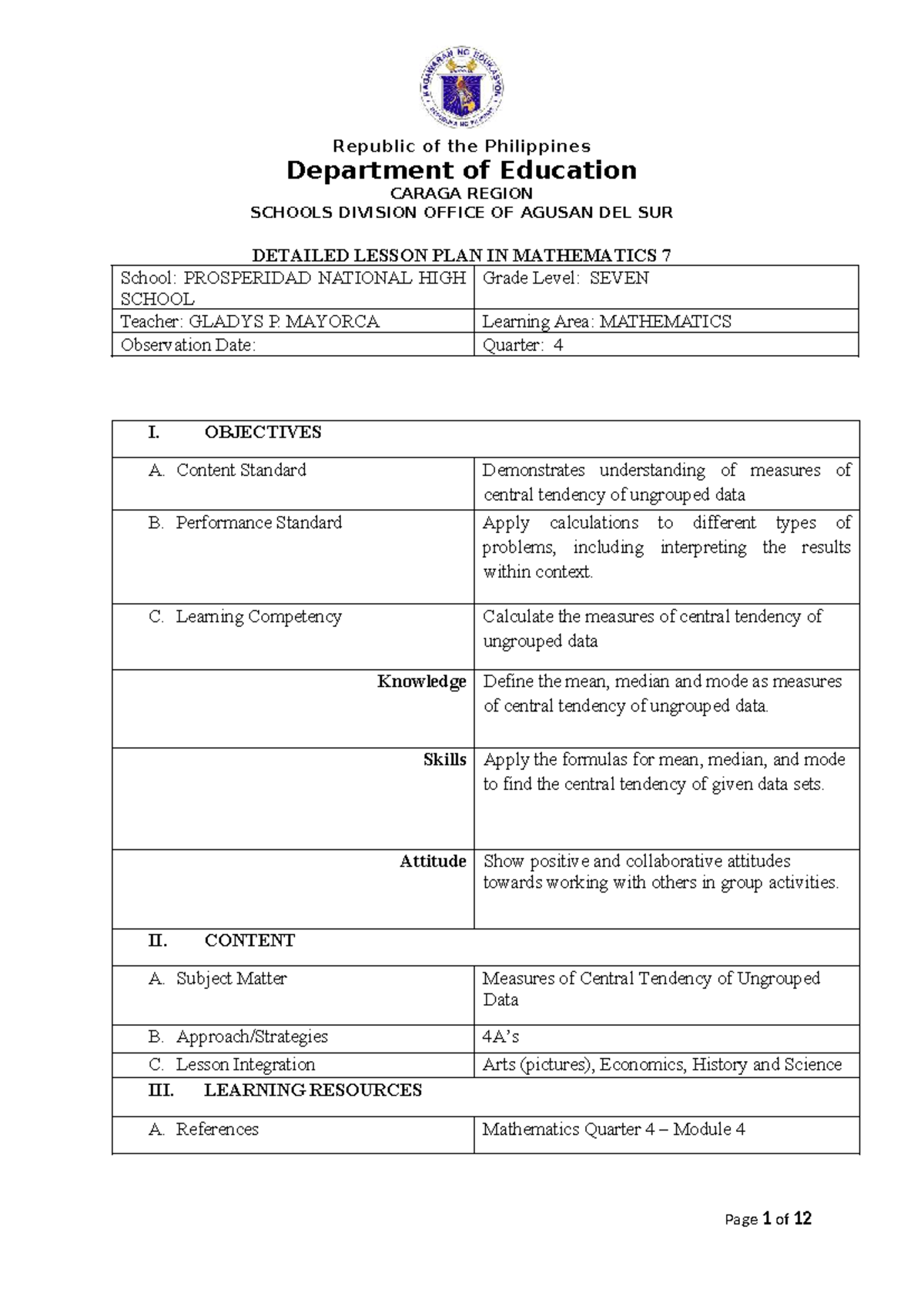 Detailed Lesson Plan in Mathematics 7: Measures of Central Tendency - Studocu