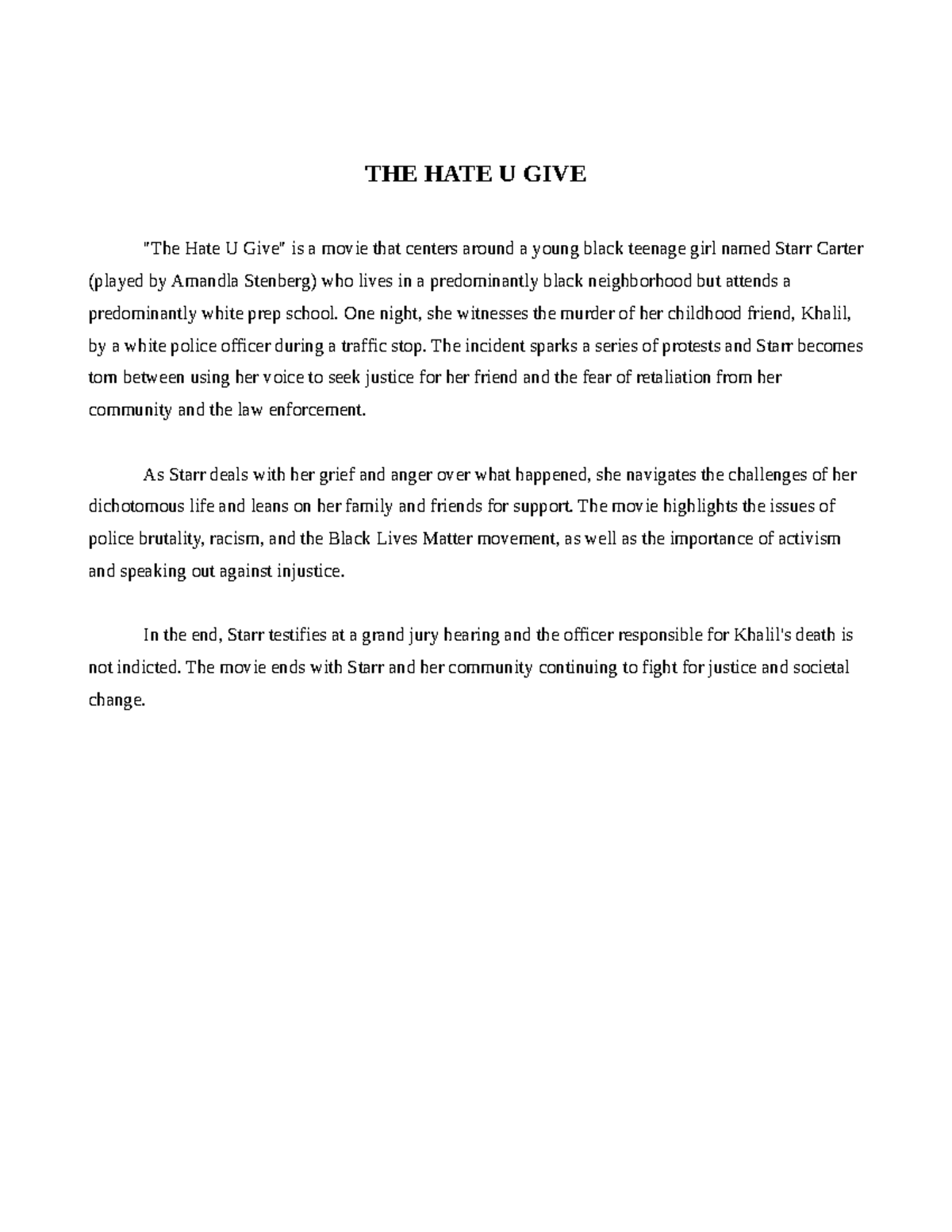 The Hate U Give - Book Synopsis and Themes Overview - Studocu