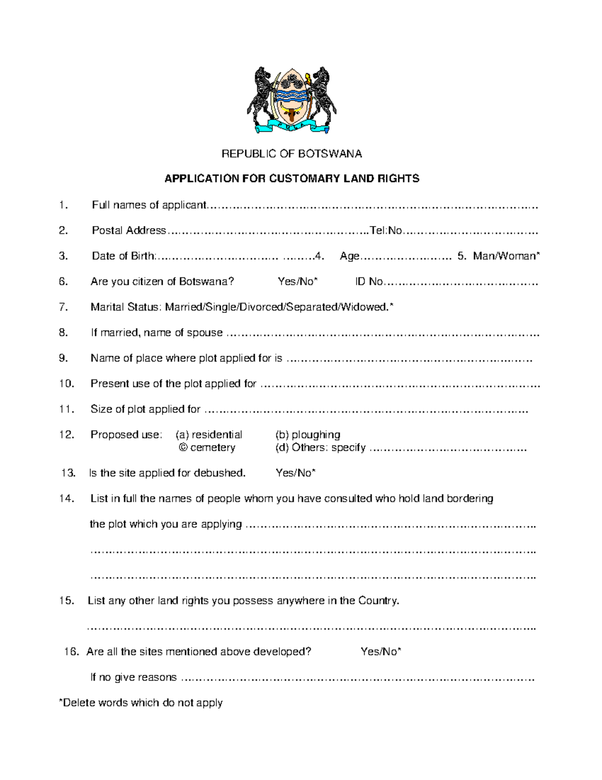 MLH: Customary Land Rights Application Form for Botswana - Studocu