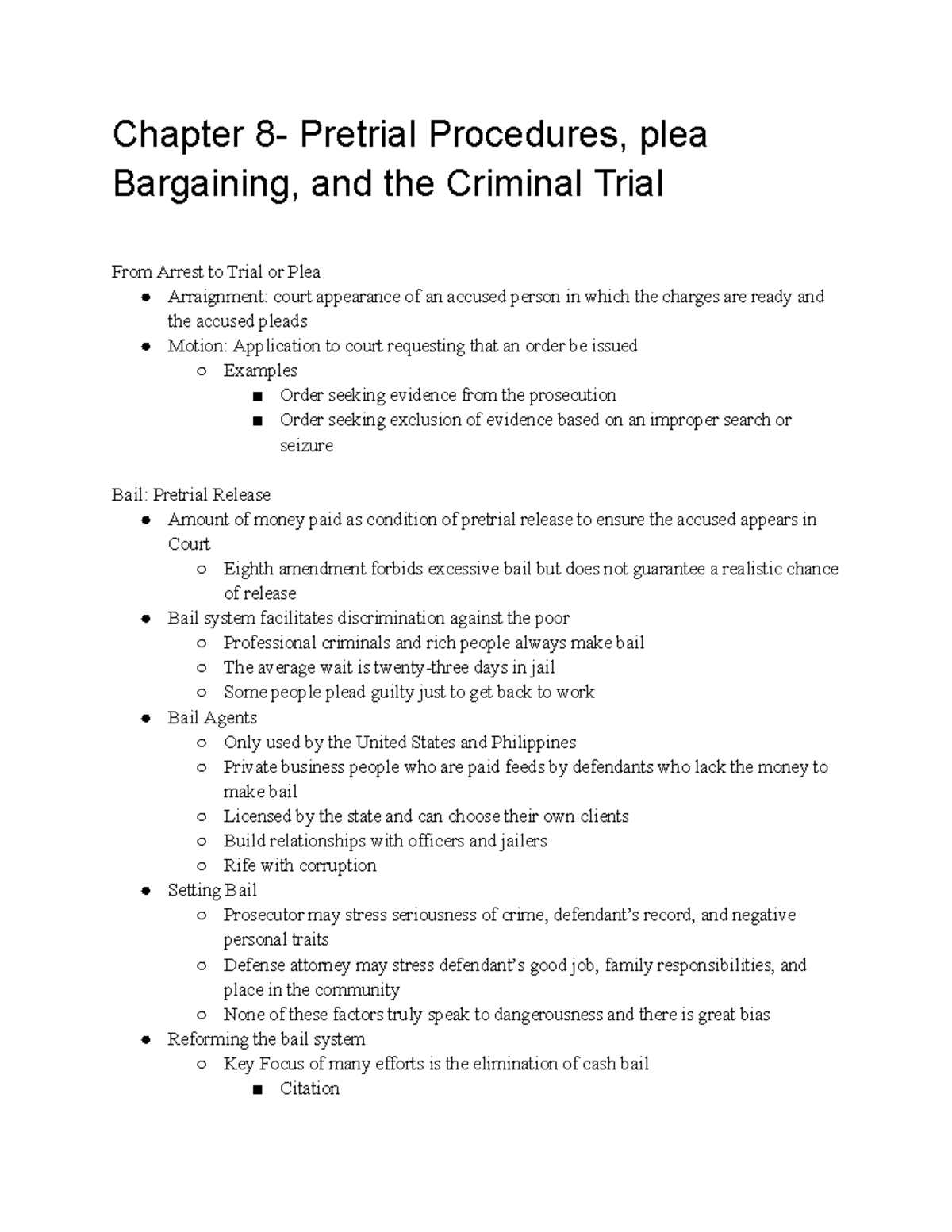 Chapter 8- Pretrial Procedures, plea Bargaining, and the Criminal Trial ...