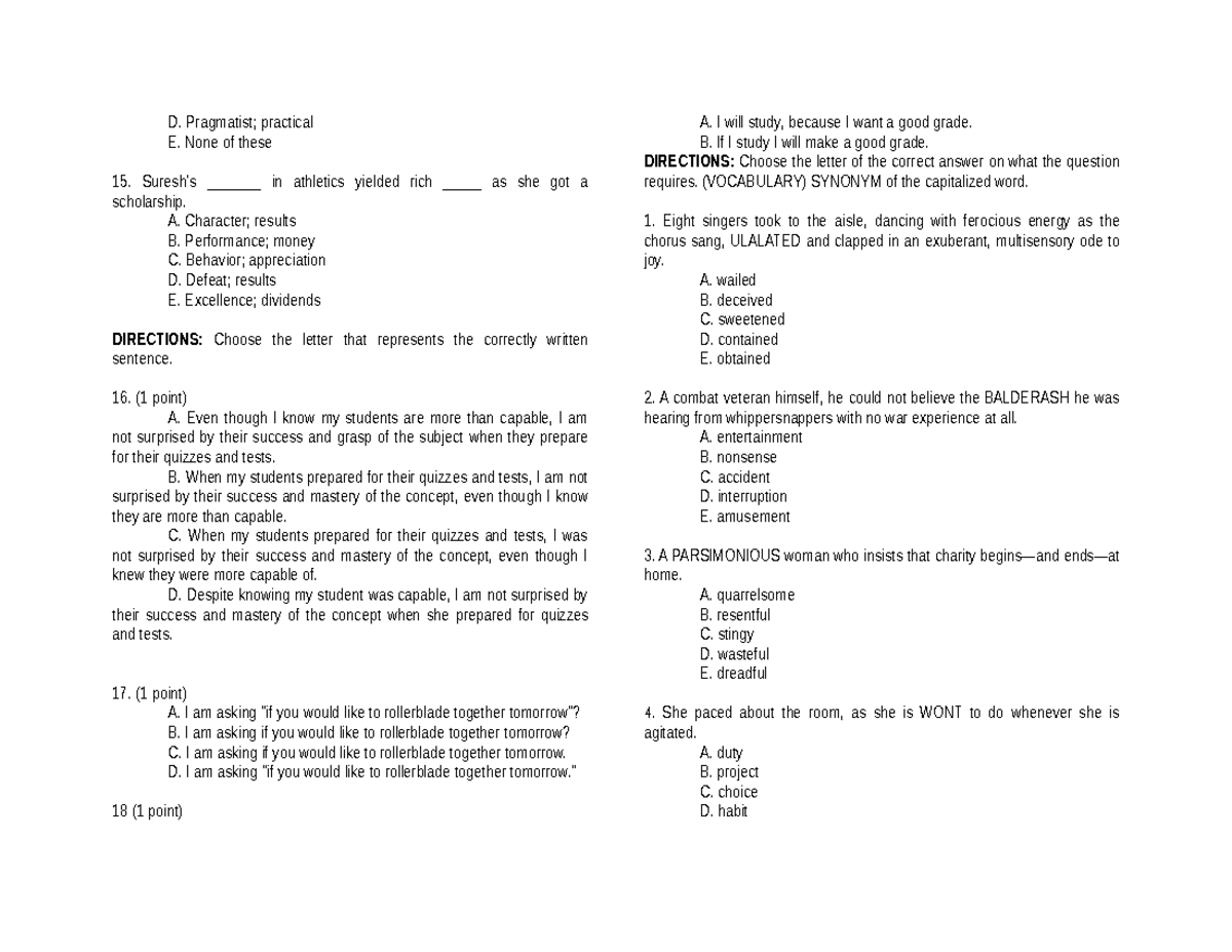 Sample TEST Booklet FOR CSE Final NA JUD NI - D. Pragmatist; practical ...