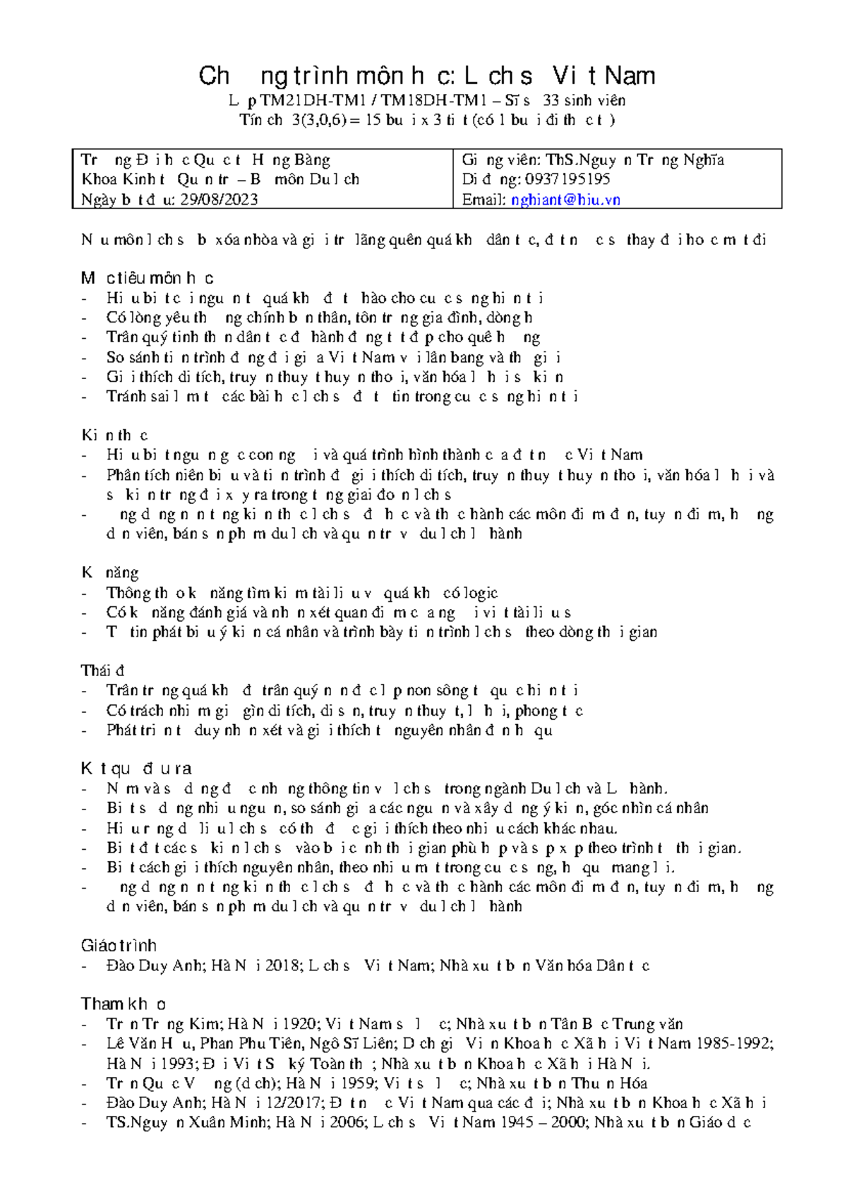 Syllabus lich su Vietnam - Chư ơ ng tr ình môn họ c: L ịch sử Việ t Nam ...