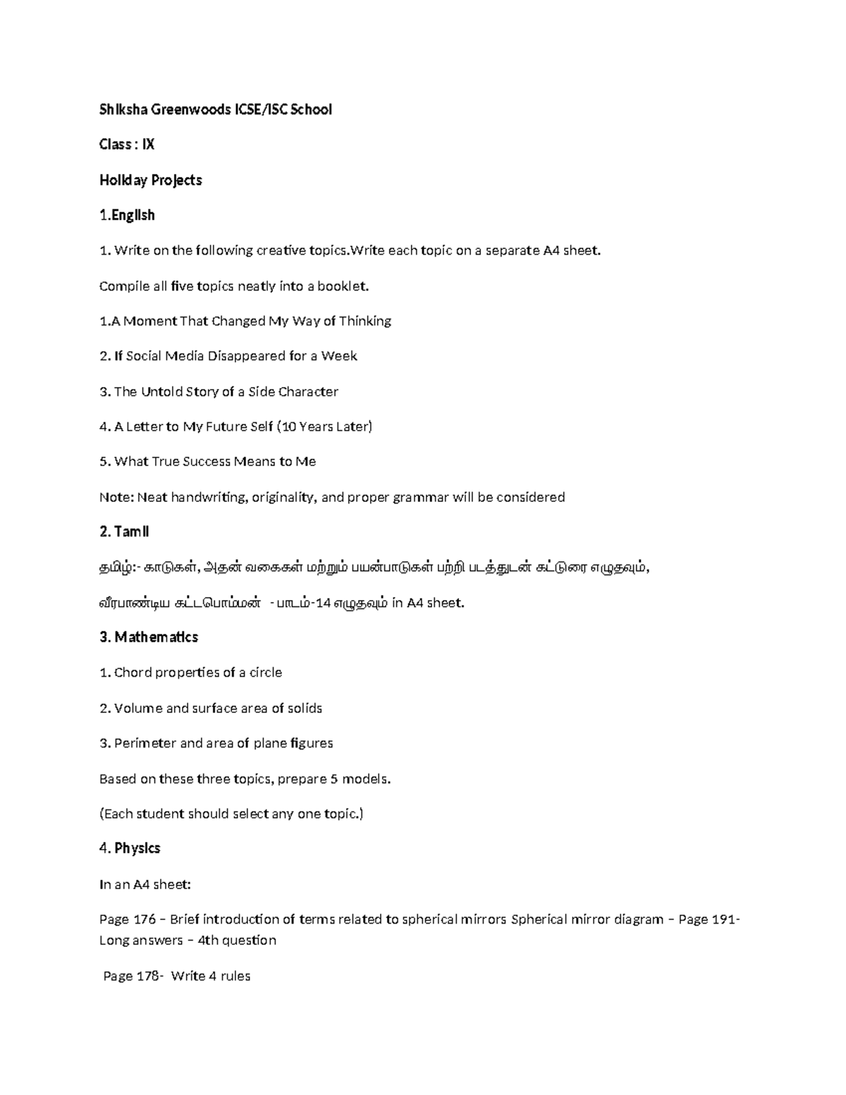 IX Holiday Project Guidelines: English, Math, Science & More - Studocu