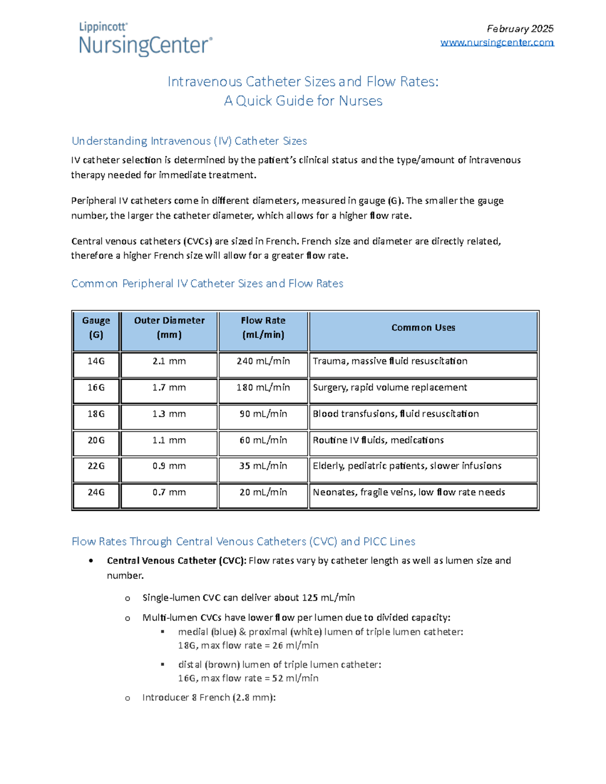 February 2025 IV Catheter Sizes & Flow Rates: Quick Nurse Reference ...