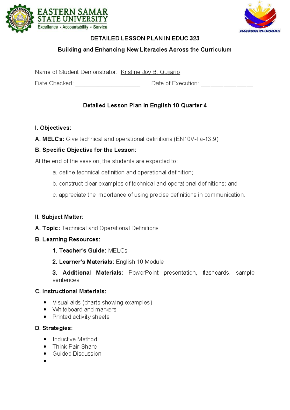 Detailed Lesson Plan in EDUC 323: Technical & Operational Definitions ...