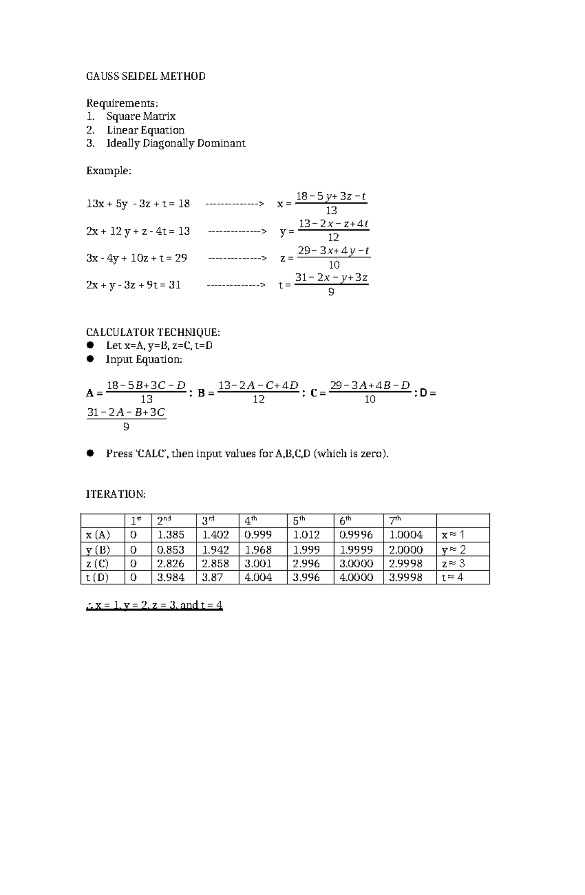 Gauss-Seidel Method - Solving Linear Equations with Iteration Techniques - Studocu