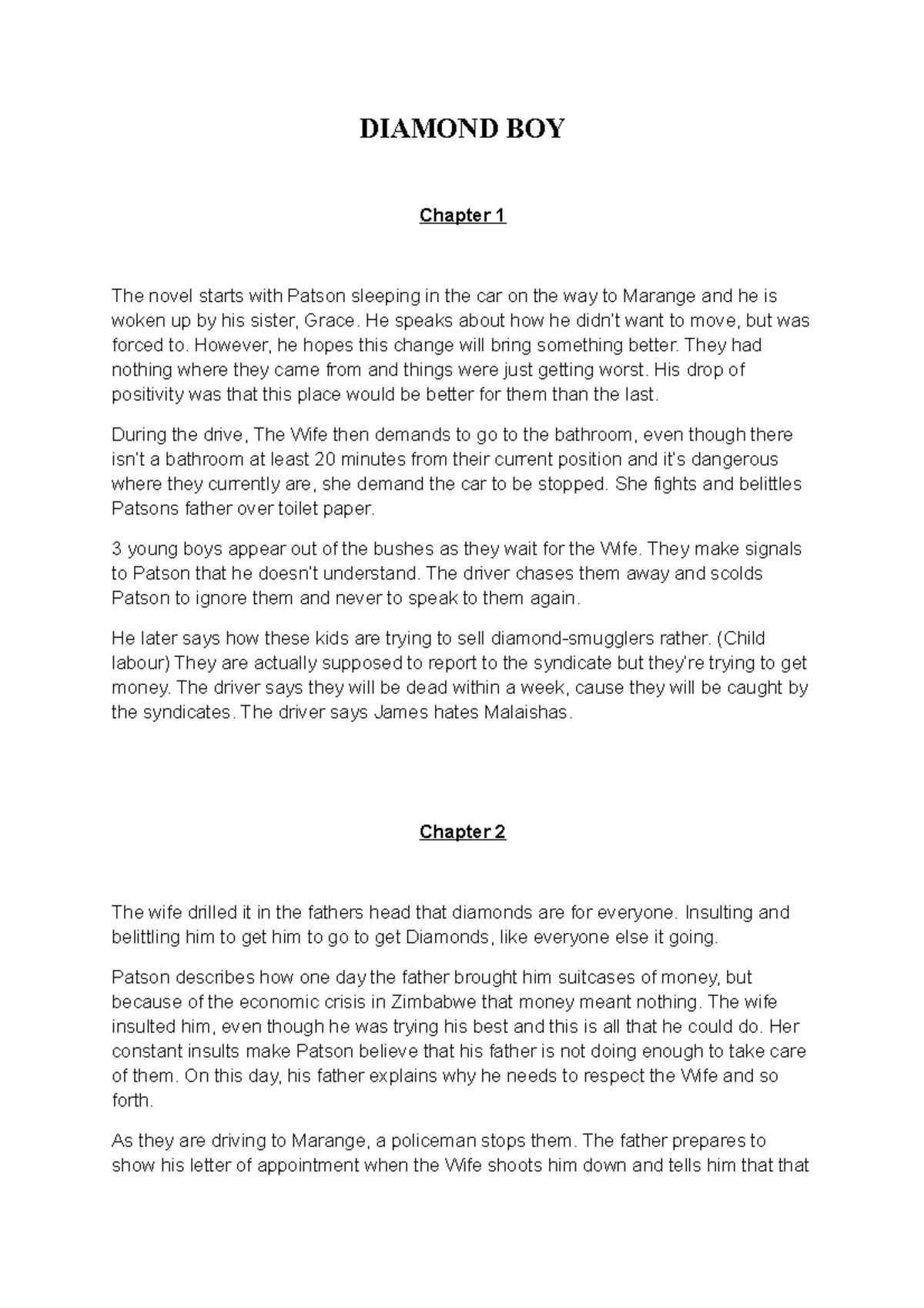 Diamond Boy - Chapter Notes and Analysis - Studocu