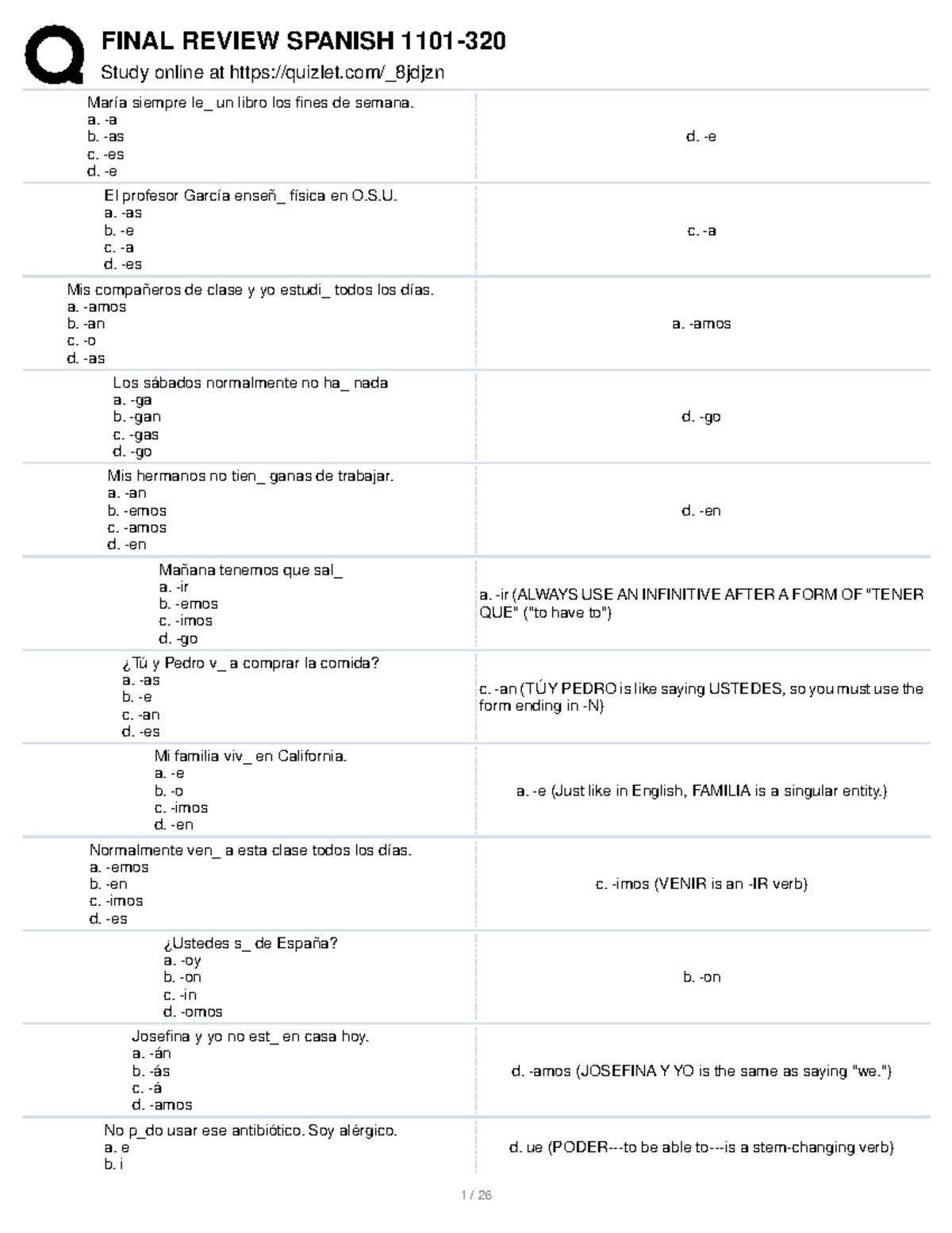 FINAL REVIEW SPANISH 1101-320: Comprehensive Exam Prep Guide - Studocu