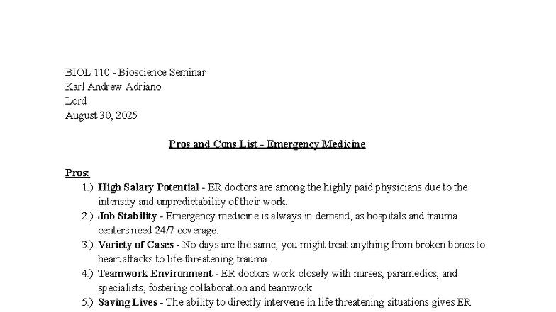 BIOL 110 Seminar: Pros and Cons of Emergency Medicine - Studocu