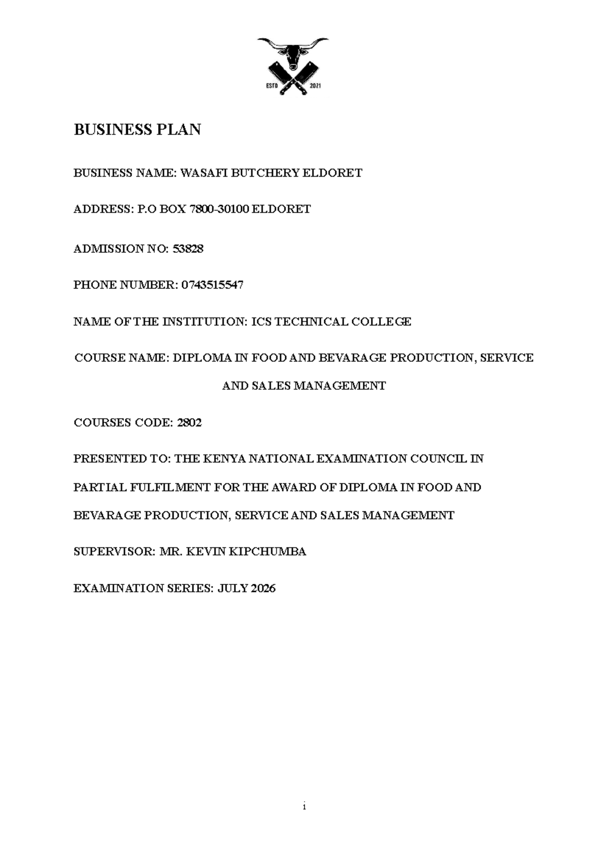 BUSINESS PLAN: WASAFI BUTCHERY (DIPLOMA 2802) - Studocu