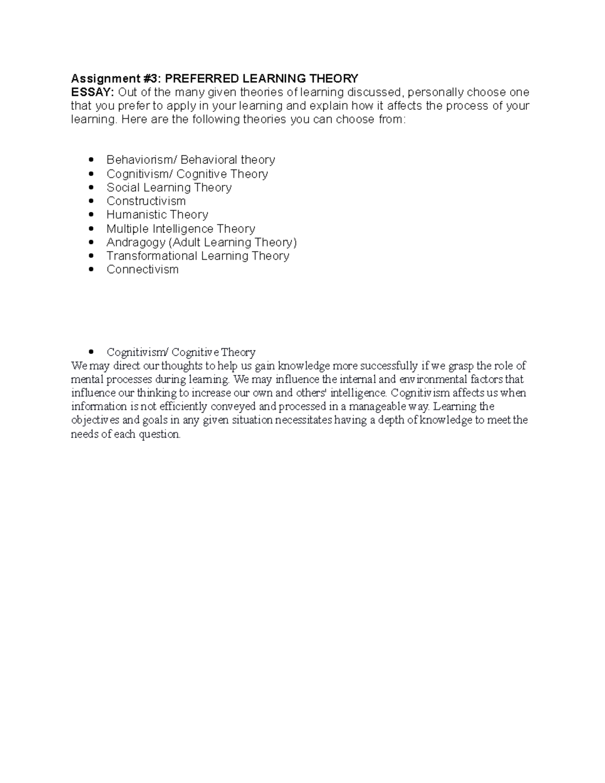 Assignment^N 3 - lecture notes - Assignment #3: PREFERRED LEARNING ...