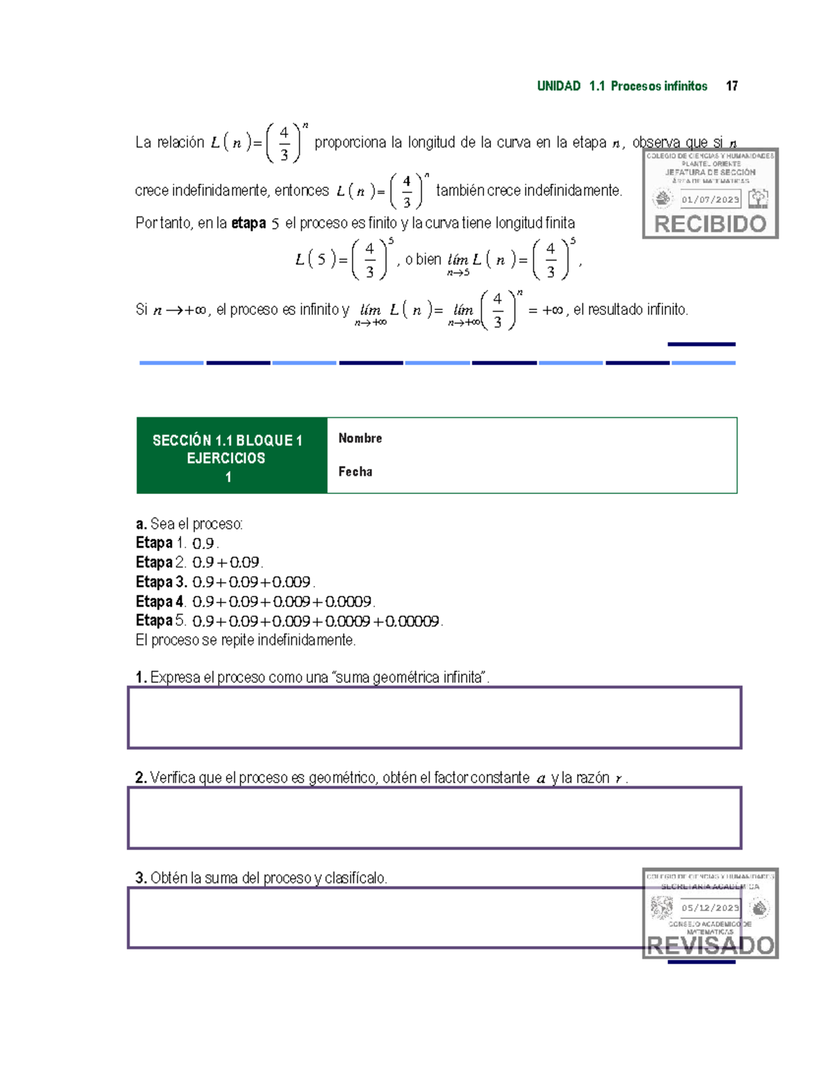 Ejercicios de Cálculo I: Procesos Infinitos y Límites (Unidad 1.1 ...