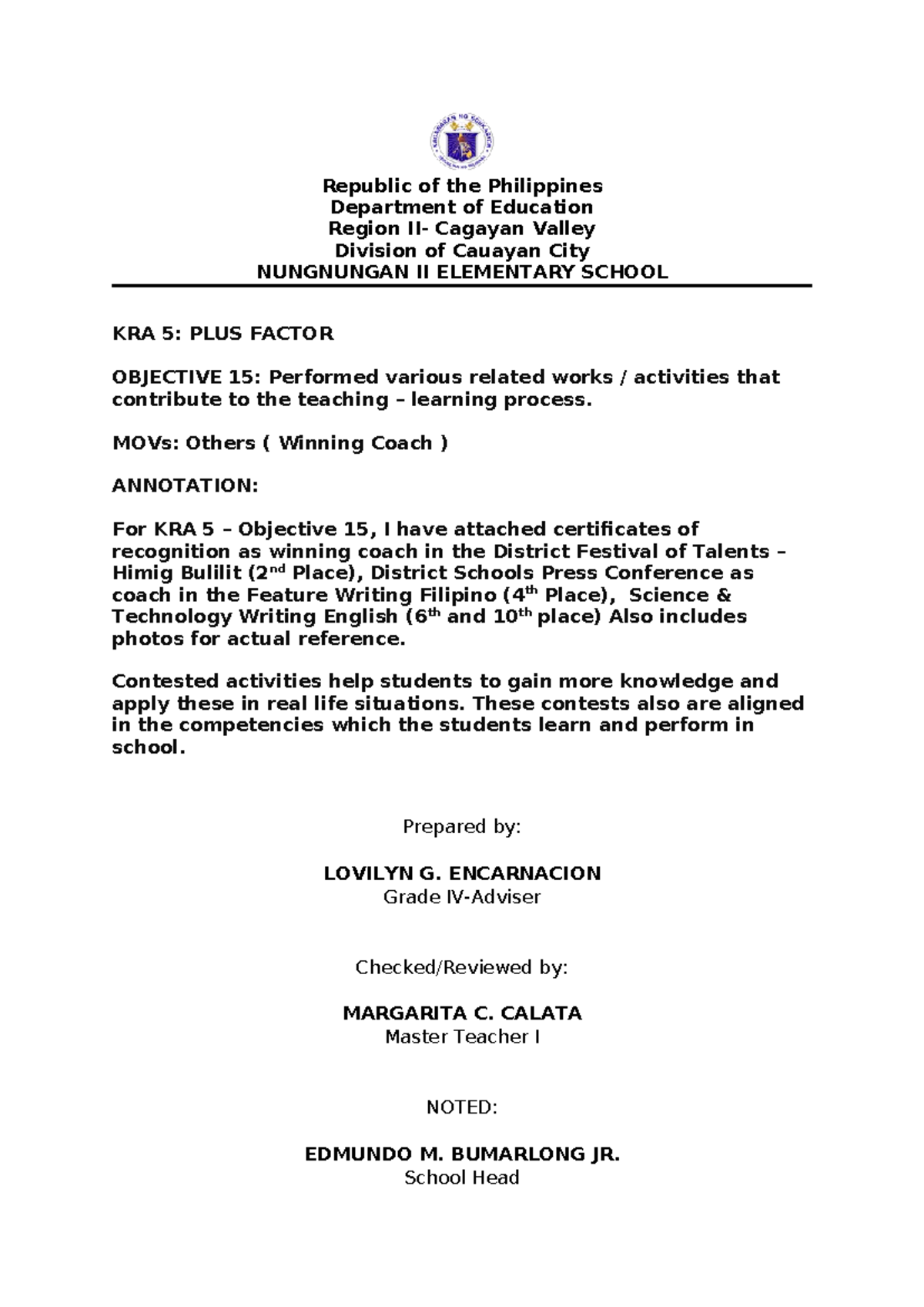 RPMS 2023-2024 KRA 5 Objective 15: Coaching Achievements Annotation ...